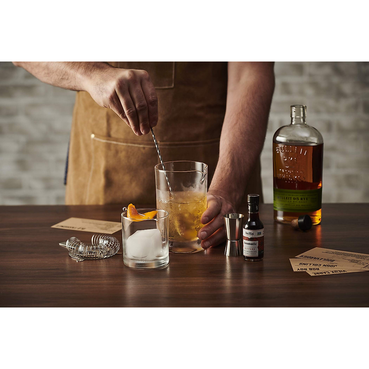 Whiskey Cocktail Kit: Rocks Drinking Glass Set, 750ml Crystal Mixing Glass, Ice Cube Mold, Stainless Bar Spoon Muddler, Strainer, Jigger, Garnish Picks, Bitters, Recipes Cards for Old Fashioned & More