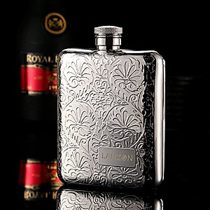 LANZON Hip Flask with Funnel, All 18/8 304 Food Grade Stainless Steel Curved Pocket Flask for Liquor | 6 OZ Capacity | Gift Boxed (Flower Pattern)