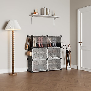 BASTUO 6 Cubes Shoe Rack with Door, 24 Pair Plastic Shoe Rack with Door, for Livingroom, Bedroom and Office (Black)