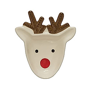 Creative Co-Op Ceramic Reindeer Plate, White, Brown and Red