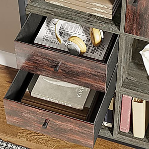 AOGLLATI 6-Tier Industrial Bookshelf, Bookcase with Cabinet and 2 Fabric Drawers, Adjustable Display Shelves with Metal Frame, Standing Storage Shelf for Living Room Bedroom Kitchen Home Office