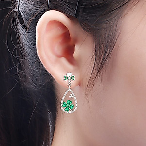 St Patricks Day Shamrock Earrings for Women Sterling Silver Studs Hypoallergenic Four Leaf Clover Green CZ Drop Dangle Earrings Jewelry Gifts