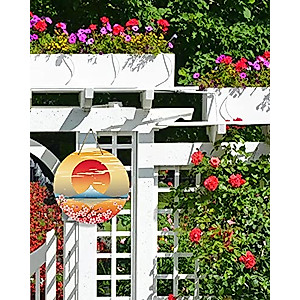 Welcome Wood Wall Hanging Sign (10"x10"), Japanese Mount Fuji Cherry Blossom Sunset Welcome Sign for Front Door, Round Hanging for Home Office Kitchen Farmhouse Garden
