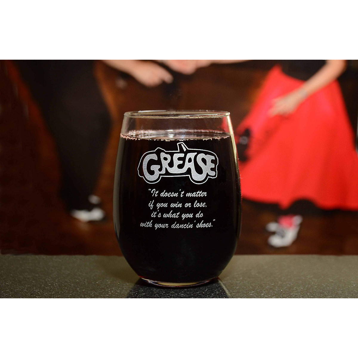 Grease Etched Stemless Wine Glass - w/Logo & Quote "It doesn't matter if you win or lose, it's what you do with your dancin' shoes" - Premium Quality Licensed, Handcrafted Glassware 15oz