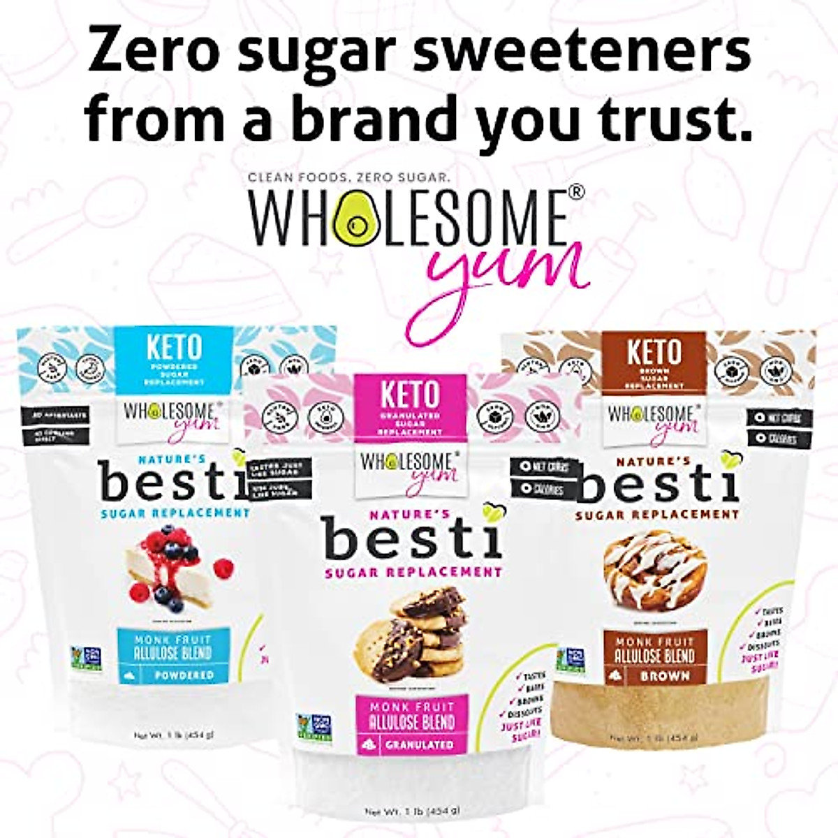 Wholesome Yum Besti Natural Brown Sugar Substitute - Brown Monk Fruit Sweetener Blend With Allulose (No Erythritol) - Keto, Non GMO, Zero Carb, Zero Calorie, Sugar Free, No Aftertaste (1 lb)