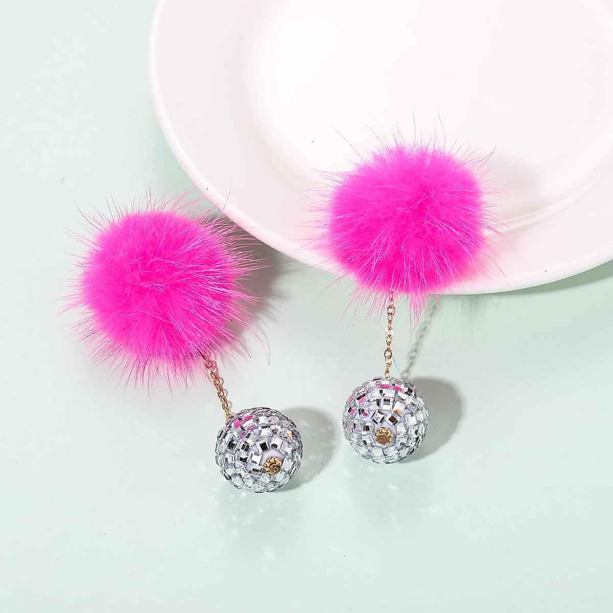 Hot Pink Earrings Disco Ball Earring for Women Pom Pom Dangle Earrings Reflective Mirrorball Earrings 70s 80s Disco Dance Party Costume Accessories Cowgirl Country Concert Outfits Halloween New Year