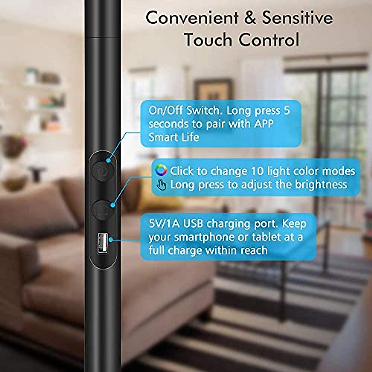 Floor Lamp, Super Bright RGBW Smart WiFi LED Floor Lamp for Reading, Dimmable Torchiere, for Living Rooms Bedrooms, for DIY, Compatible with Alexa & Google Home, Black, 25W