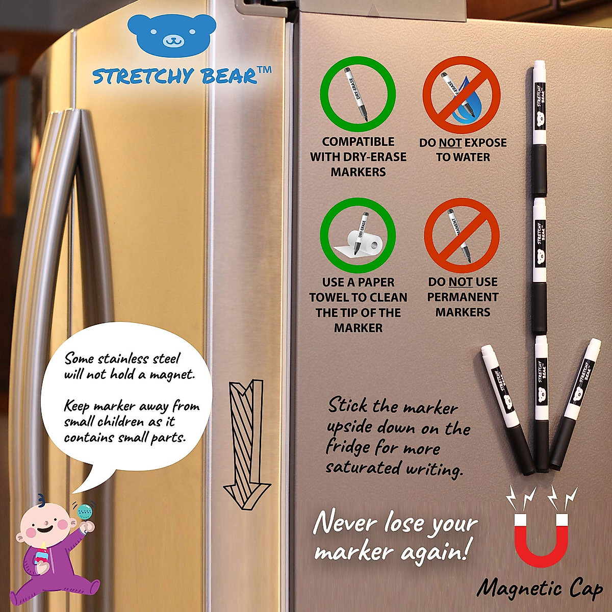 Stretchy Bear Reusable Baby Bottle Labels for Daycare, 6 Pcs (Blue) | 9 Color Options