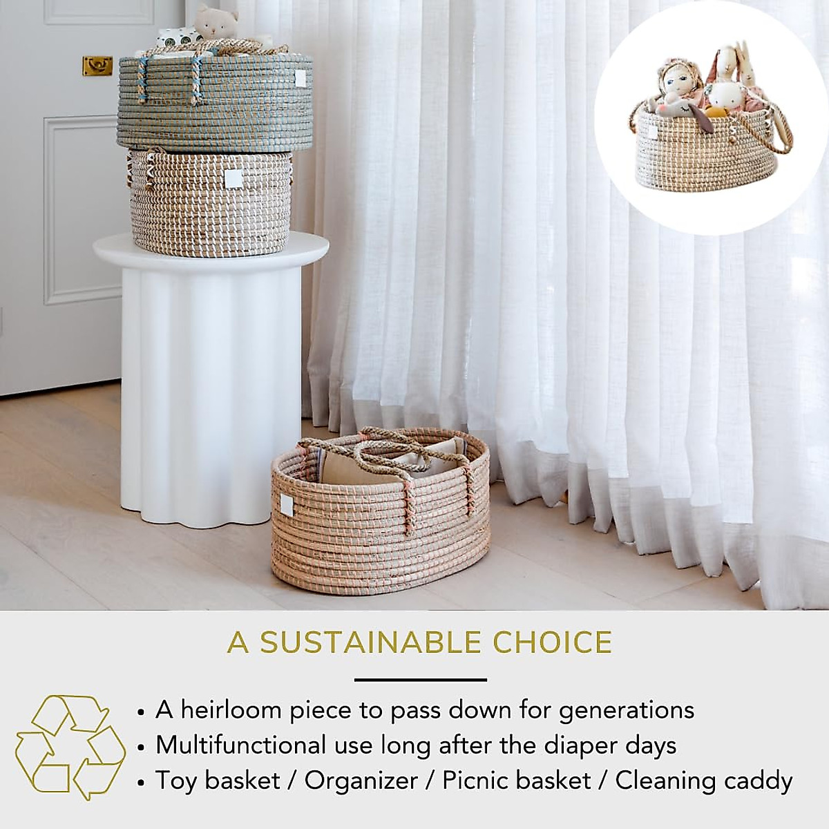 BEBE BASK Baby Diaper Caddy Organizer - Handmade Organic Seagrass - Luxury Blue Diaper Caddy Basket - Diaper Caddy Light Blue - Diaper Caddy For Baby Boy (Dove)