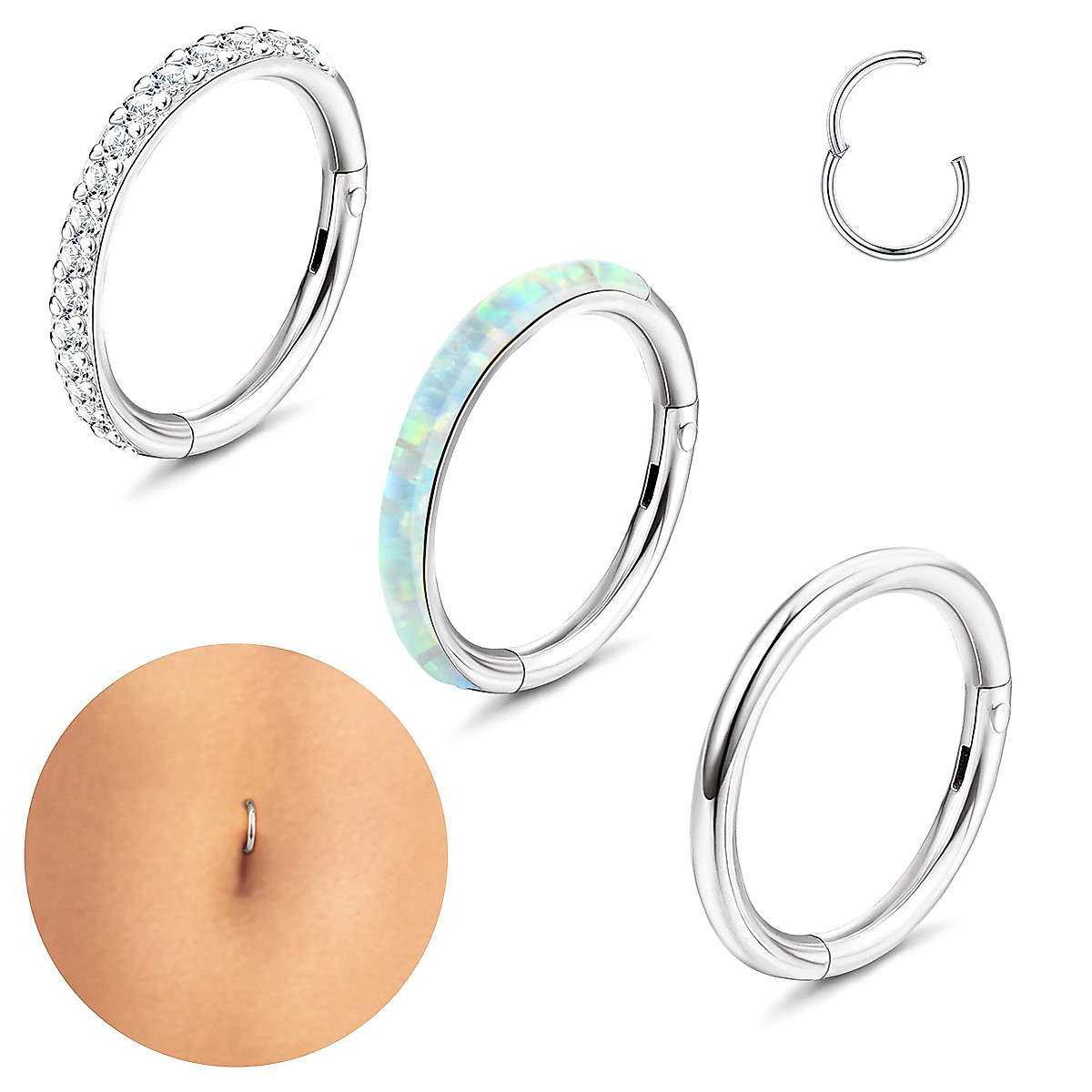 Sanfenly 14G Belly Button Rings 316L Surgical Steel Belly Ring Hoop Clear CZ Opal Navel Rings Hoop Clicker Segment Belly Piercing Jewelry Gold Silver Tone 8mm 10mm 12mm