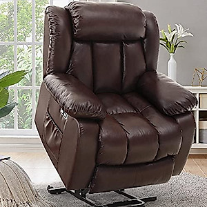 Harkawon Dual Motor Recliner Chair for Adults, Genuine Leather Lay Flat Sleeping Power Lift Chair for Elderly, Power Lift Chairs, with Massage and Heating (Brown)