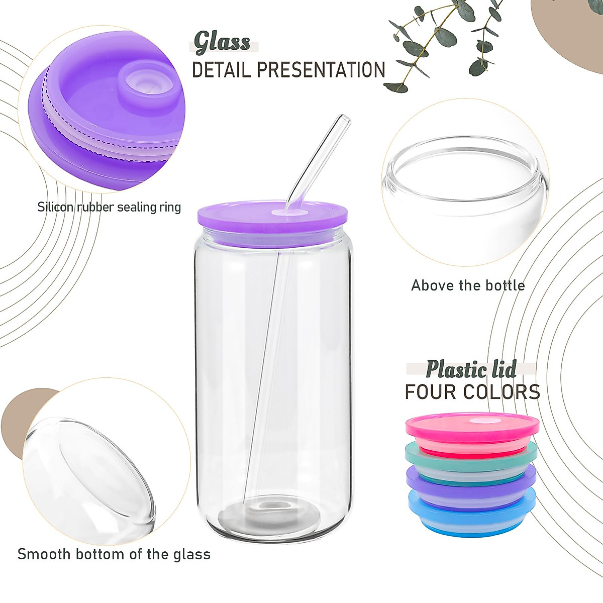 20 Pack Drinking Glass Cups with Acrylic Lids and Glass Straw Beer Can Shaped Drinking Glasses Cups, Glass Tumbler Reusable Cute Cups for Whiskey, Iced Coffee, Tea, Soda, Cocktail, Gift, Clear 16oz