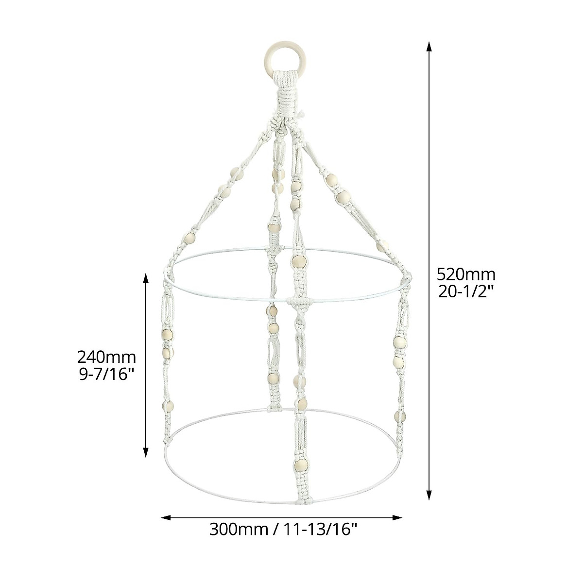 QWORK Dual Layer Bohemian Herb Drying Rack - Rustic Beige Handwoven Cotton Rope with Wooden Beads & Solid Wood Ring - 15 Stainless Steel Hooks for Drying Herbs, Flowers, and Buds