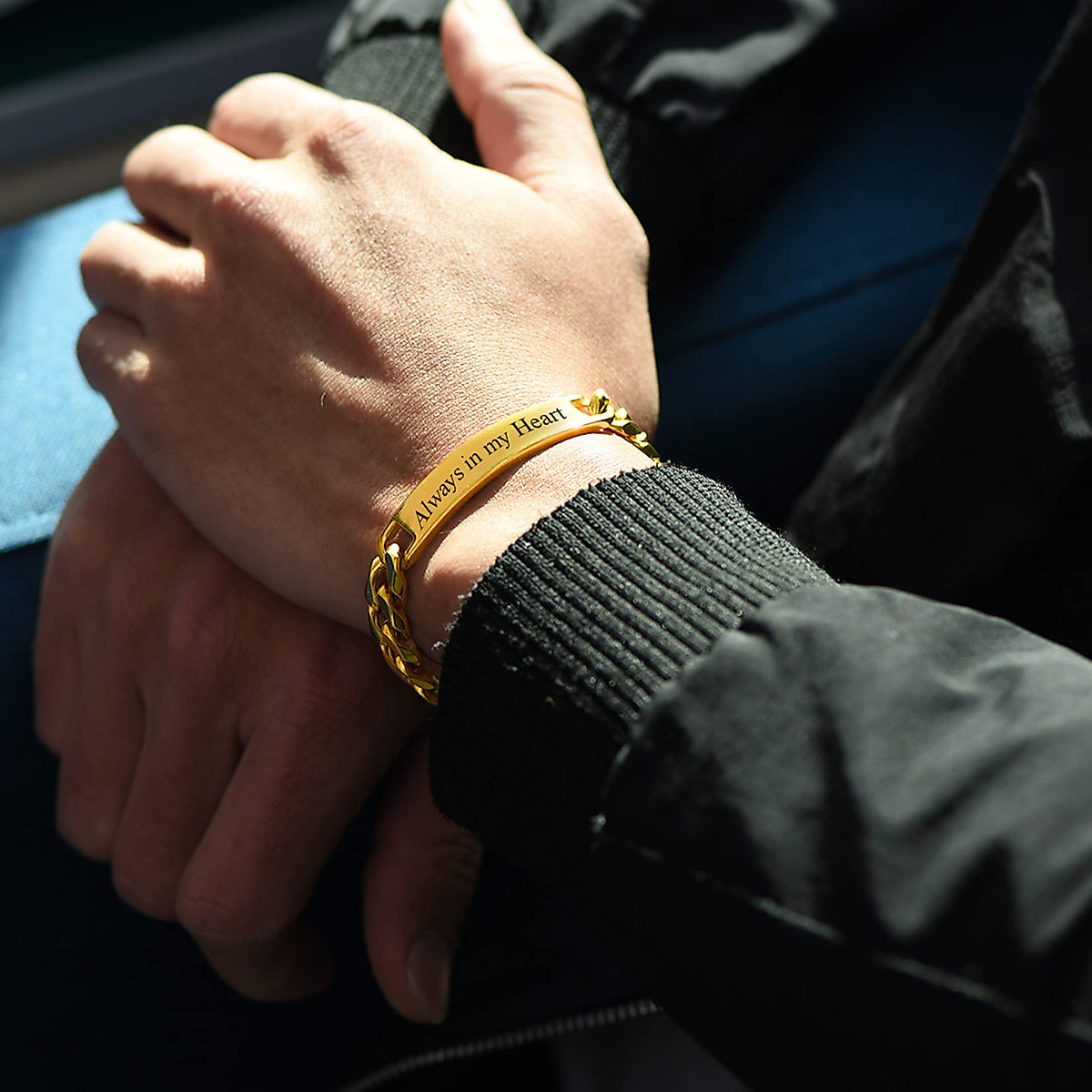 U7 Engraved ID Bracelet Adjustable 7" to 9" Gold Plated Cuban Chain Custom Coordination Quote Message Bar Bracelets for Men Women