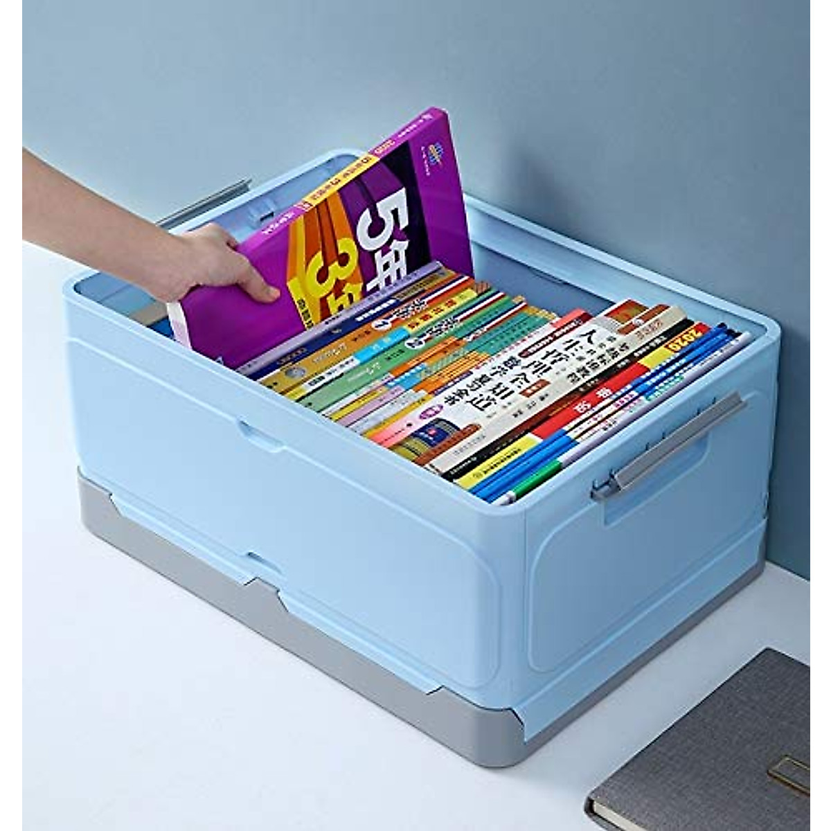 Durable Plastic Folding Storage Box Organizer with Lids, Folding Plastic Stackable, Containers for Home & Garage Organization (Blue)