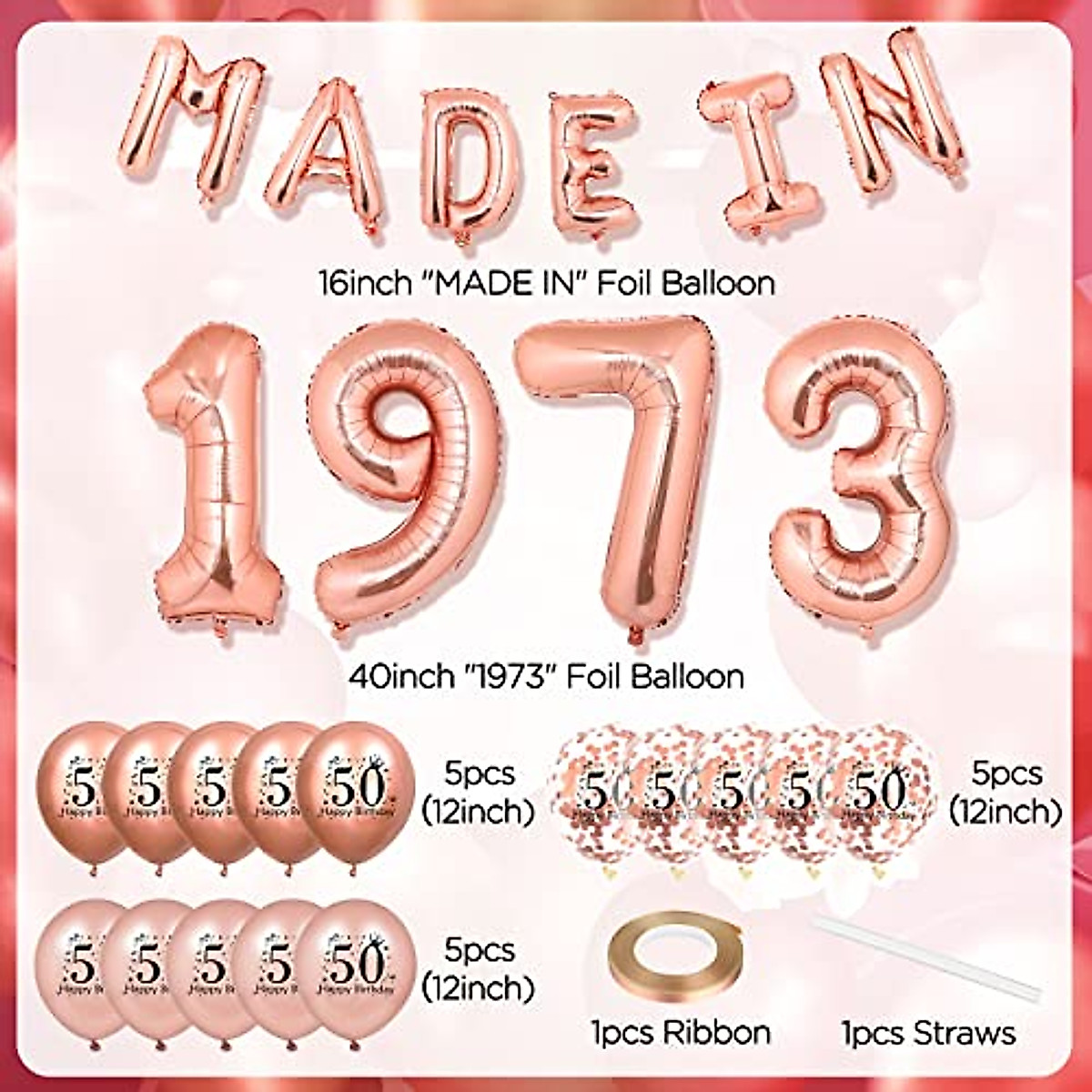 Rose Gold 50th Birthday Decorations Set 15 Pcs Rose Gold Happy 50th Birthday Latex Balloons and Large Made in 1973 Foil Balloons Banner Backdrop for Women Fifty Year Old Birthday Party Decor Supplies
