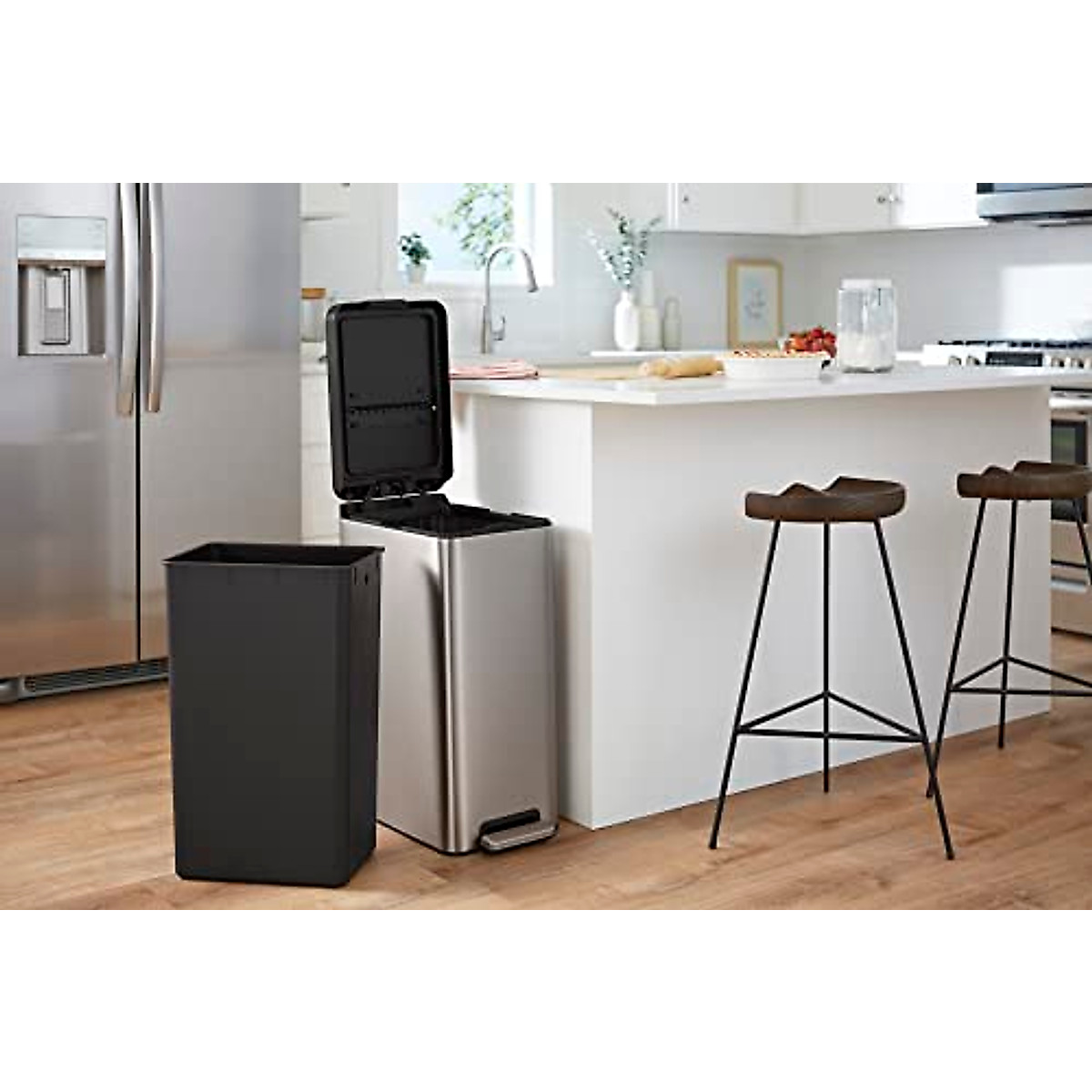 KOHLER 23826-ST 13 Gallon Elongated Hands-Free Step Can, Trash Can with Soft-Close and Foot Pedal, Quiet Close Lid, Stainless Steel