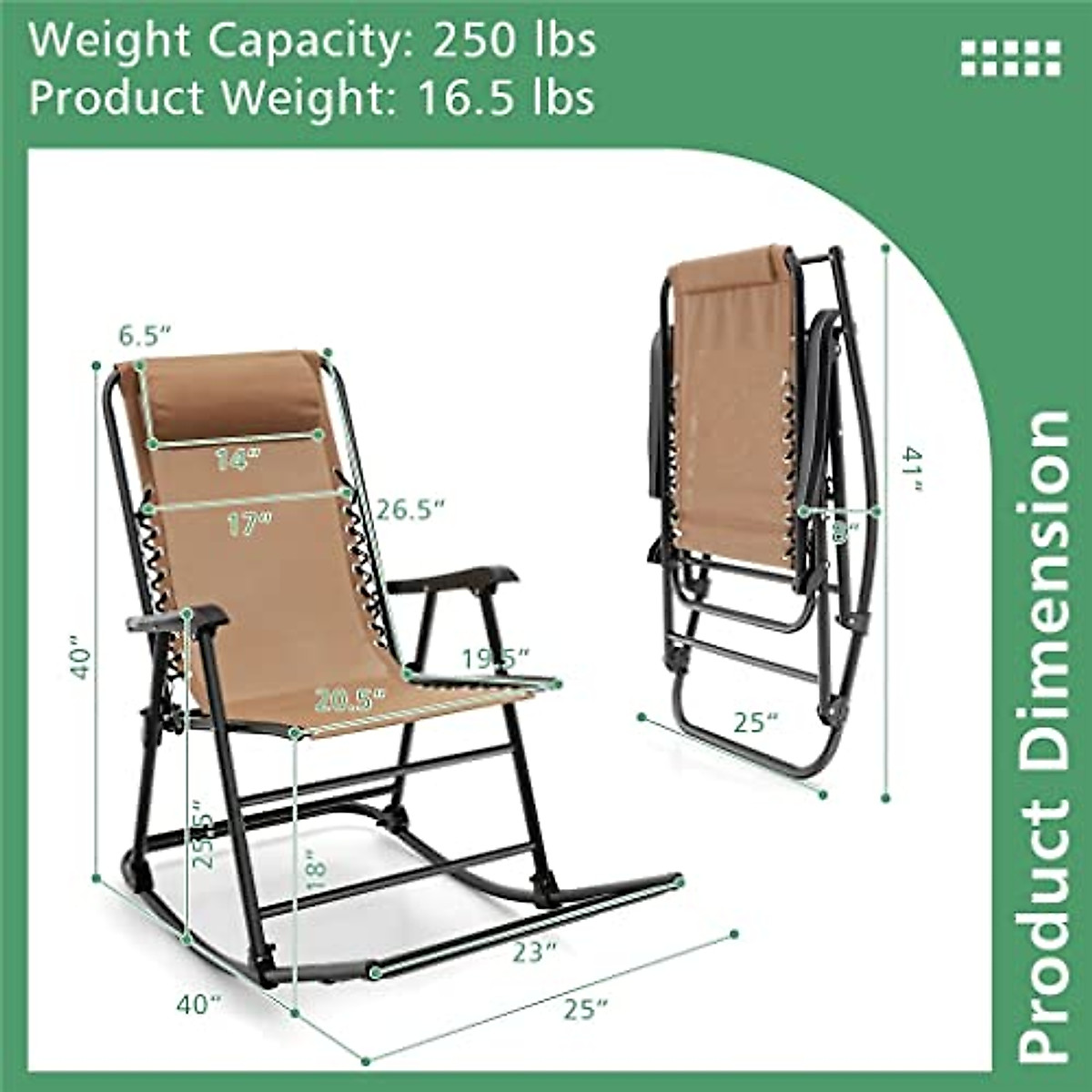 ZLDXDP Patio Camping Rocking Chair Folding Rocking Chair Footrest Outdoor Beige