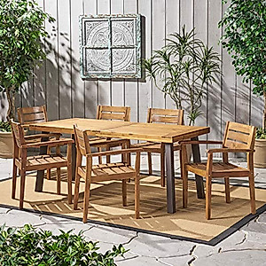 Christopher Knight Home Avon Outdoor Acacia Wood Dining Set, 7-Pcs Set, Teak Finish With Rustic Metal Accents