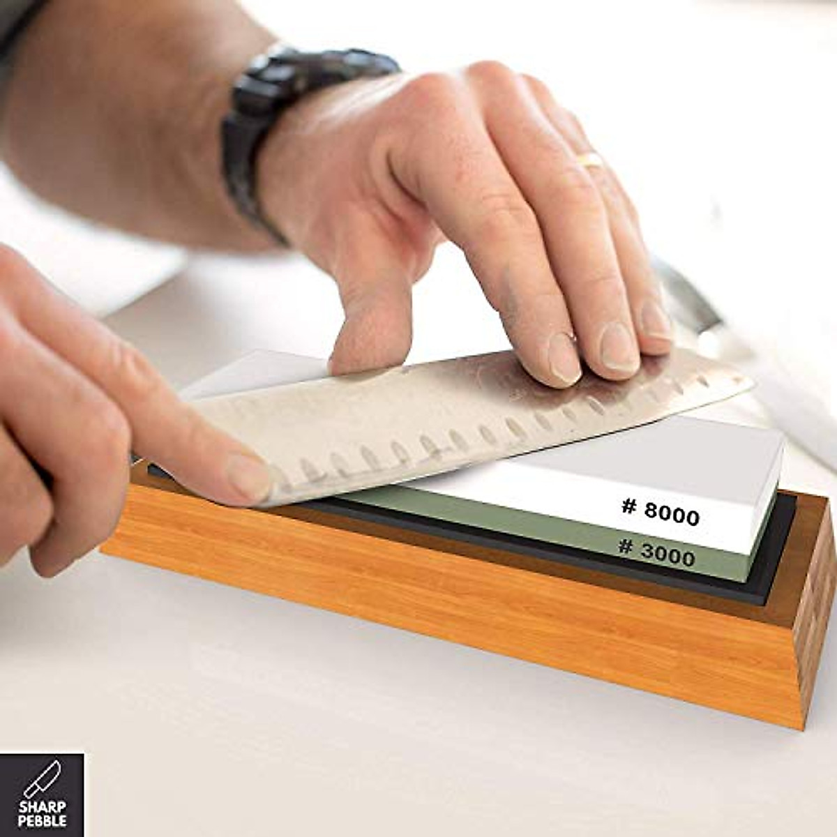 Sharp Pebble Premium Whetstone Knife Sharpening Stone 2 Side Grit 3000/8000 Wetstone Kit -Wet Stone Kitchen Knife Sharpener with Non-Slip Bamboo Base & Flattening Stone