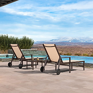 PURPLE LEAF Pool Lounge Chairs Set of 3 Aluminum Outdoor Lounge Chairs with Wheels and Armrests Adjustable Patio Lounge Chairs for Deck Outside Lawn Garden, Cream