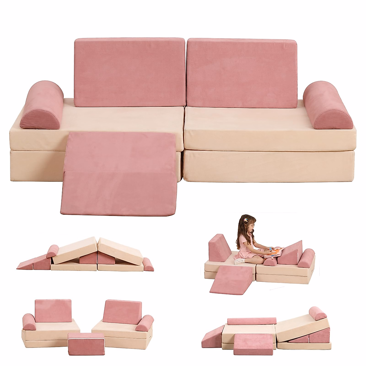 GudoInsole Play Couch Sofa for Kids 9PCS Sectional Sofa Playroom Imaginative Furniture for Creative Kids Girls and Boys Bedroom (Pink)