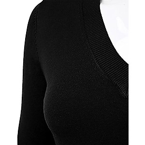 FLORIA Women's Soft Basic Thick V-Neck Pullover Long Sleeve Knit Sweater Black L