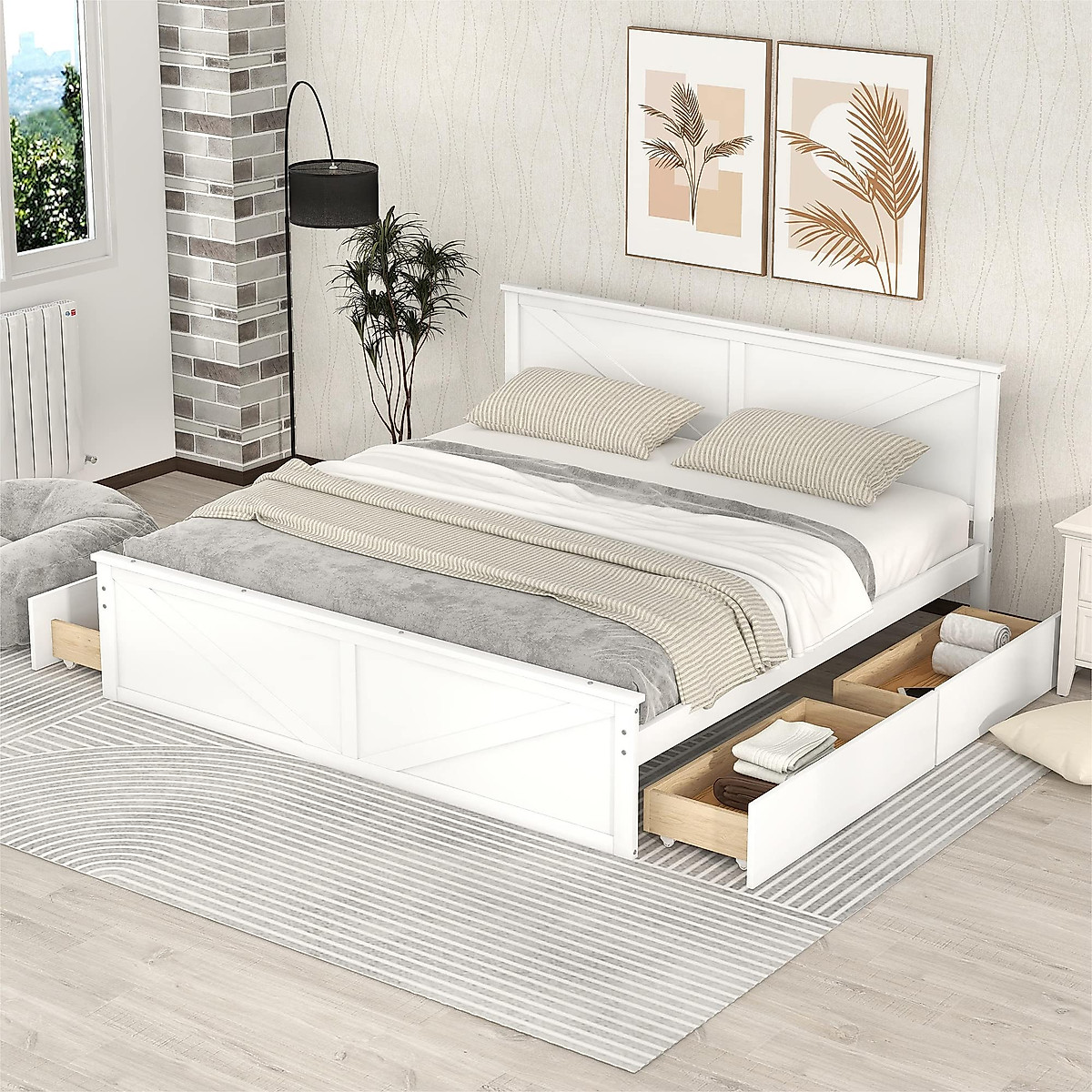 BIADNBZ King Size Wooden Platform Bed Frame with Headboard,Four Storage Drawers and Support Legs for Bedroom Guest Room,No Box Spring Needed,White