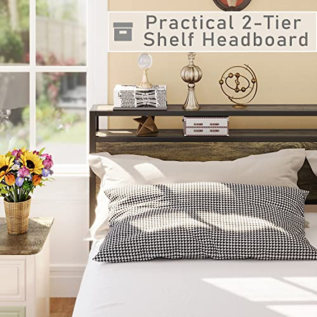 LIKIMIO Full Bed Frame, Platform Bed Frame Full with 2-Tier Storage Headboard and Strong Support Legs, More Sturdy, Noise-Free, No Box Spring Needed, Rustic Maple