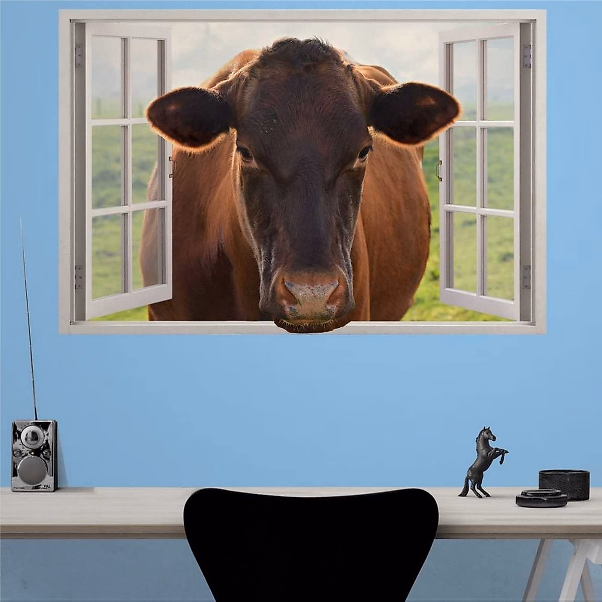 Grassland Farm Animals Cattle Cow Wall Sticker Art Poster Mural Transfer Decal Print Fake Open Window wall art Removable Poster Vinyl decals For Bedroom Living Room Playroom Nursery,32'' dw393