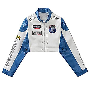 Aelfric Eden Women's Motorcycle Crop Jacket Letter Hiphop Streetwear Vintage Casual Color Block Baseball Varsity Coats