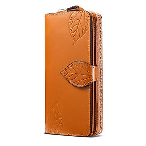 Yafeige Large Luxury Women's RFID Blocking Tri-fold Leather Wallet Zipper Ladies Clutch Purse(1-Waxed Brown)