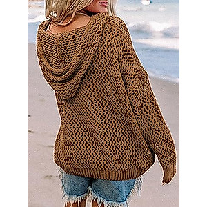 EVALESS Fall Sweaters for Women 2023 Long Sleeve Cover Ups for Swimwear Women Knitted Hollow Out Sweater V Neck Drawstring Chunky Cutout Sweater Crochet Hoodie Pullover Khaki M