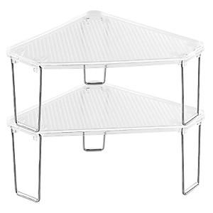 mDesign Plastic/Steel Freestanding Foldable Corner Stackable Organizer Shelf for Kitchen, Counter, Pantry, Cabinet Storage, Holds Plates, Dishes, Ligne Collection, 2 Pack - Clear