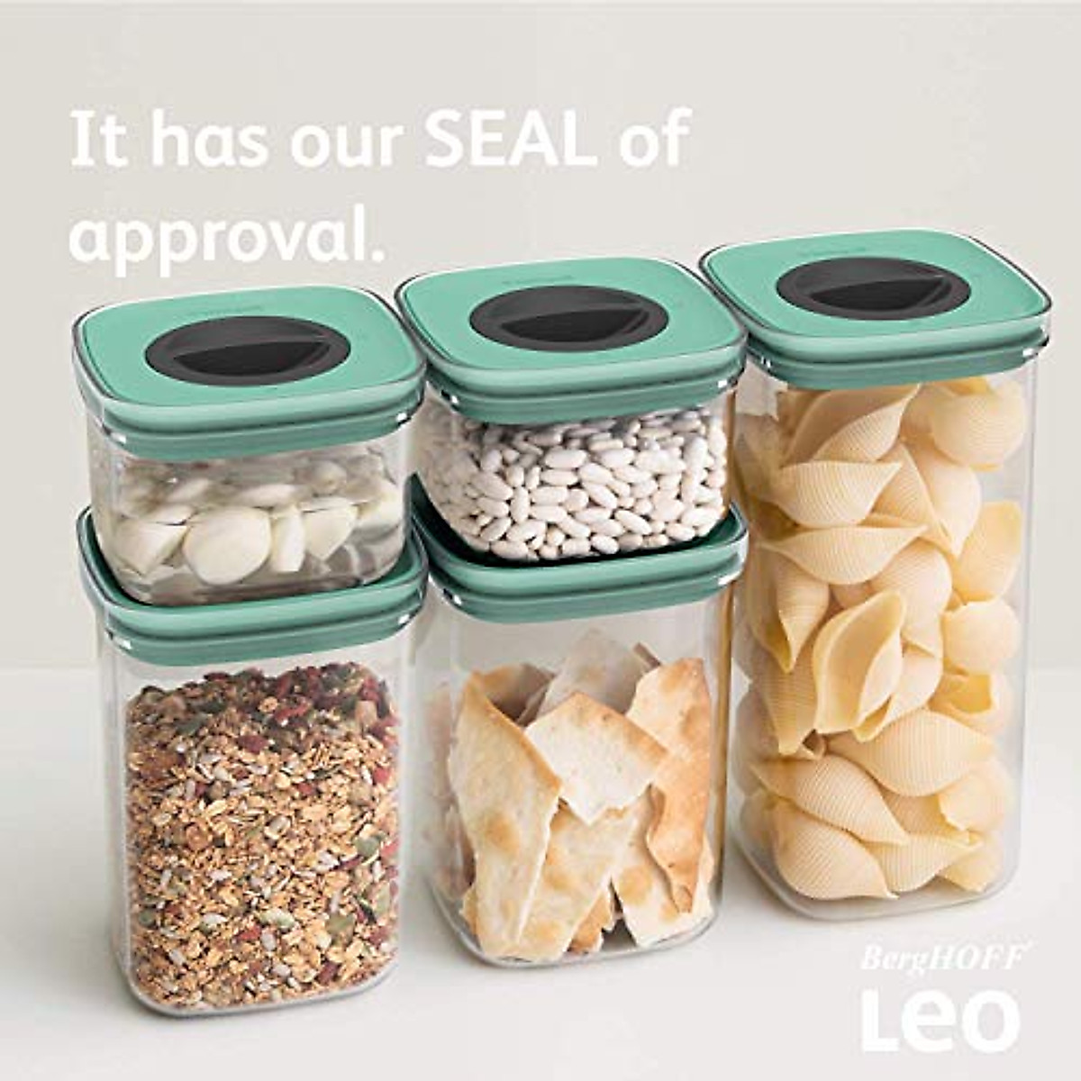 BergHOFF LEO 5Pc PP Smart Seal Food Containers Set Square Green Leakproof Airtight Twist-lock System