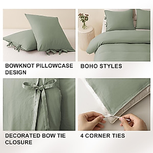 MUKKA Sage Green Duvet Cover Set Queen Size with Bowknot Closure 3 Pieces Washed Microfiber Duvets Set Boho Style for Girl Men Women
