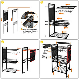 ElecVoztile Power Tool Organizer Cart w/Charging Station, 8 AC Outlets, 8 Drills Holders, 3-Layer Storage Shelves, 4 Wheels w/Brake, More Space for Plier, Screwdriver, Hammer, Wrench, etc (Black)