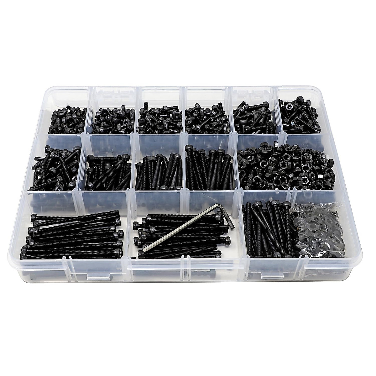 iexcell 1500 Pcs M3 x 4/6/8/10/12/16/20/25/30/35/40/45/50 Alloy Steel 12.9 Grade Hex Socket Head Cap Screws Bolts Nuts Washers Assortment Kit, Black Oxide Finish