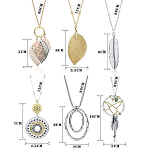 ORAZIO 6 Pcs Long Pendant Necklaces For Women Fashion Jewelry Simple Long Feather Leaf Heart Turquoise Costume Y Necklace Womens Statement Long Necklace Set Boho