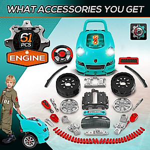 Qaba Kids Truck Engine Toy, Kids Mechanic Car Repair Set, Engine Disassembly Play Workshop, Includes 61 Pieces, Steering Wheel, Horn, Light for 3-5 Years Old, Teal