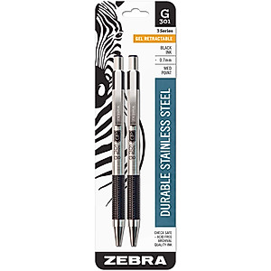 Zebra Pen G-301 Retractable Gel Ink Pen, Stainless Steel Barrel, Medium Point, 0.7mm, Black Ink, 2-Pack