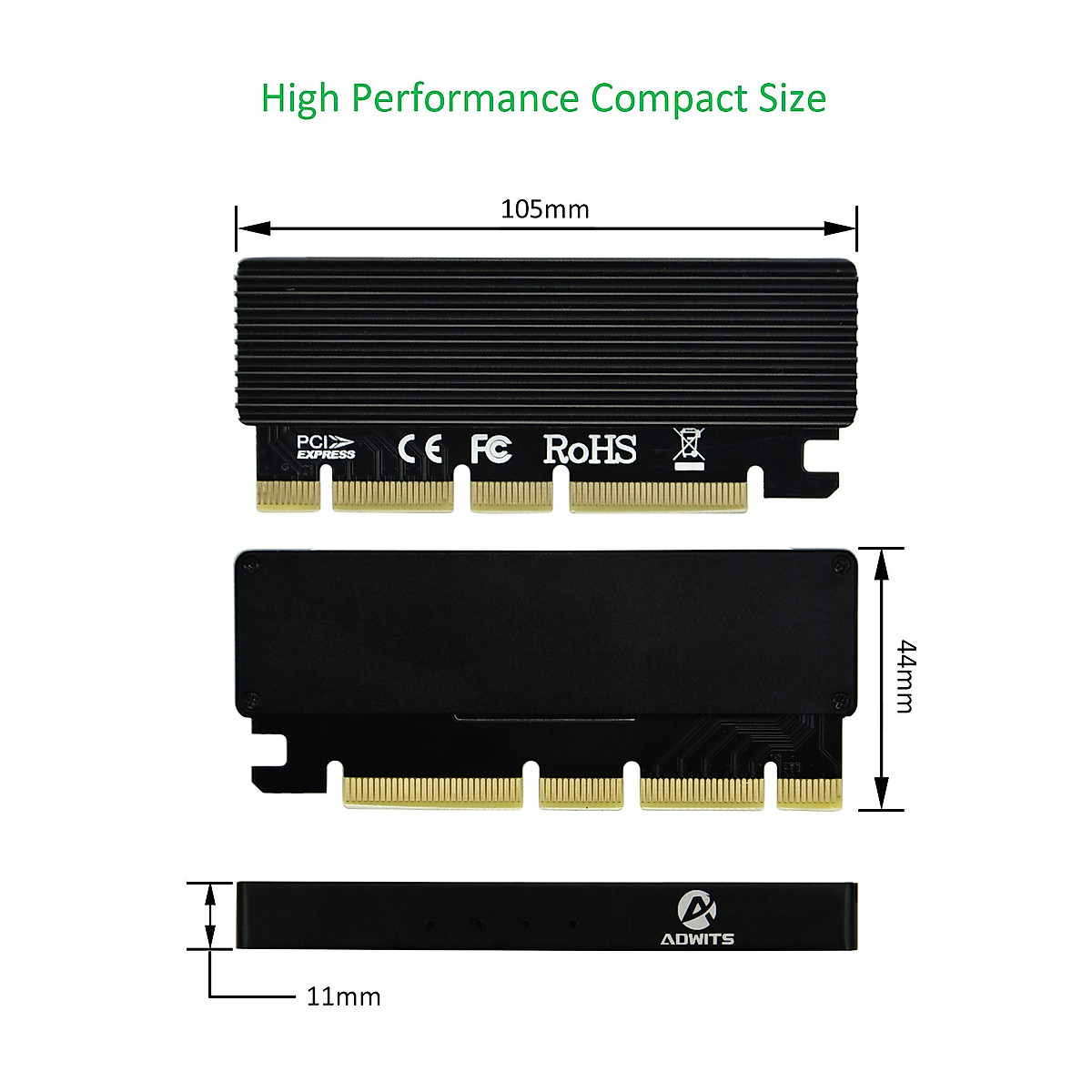 A ADWITS PCI Express 3.0 x16 to PCIe-based NVMe and AHCI SSD Adapter Card with Heat Sink, Fits M.2 (NGFF) Form Factor with Key M in Size 2230/2242/2260/2280