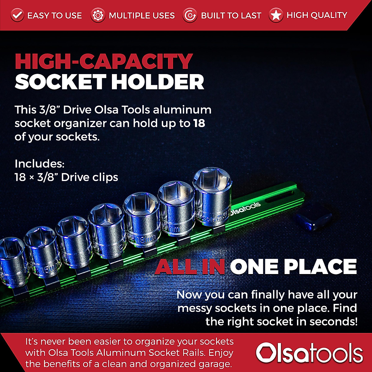 Olsa Tools Socket Organizer (1/4-Inch Drive, Green) - Socket Storage Rails for Mechanics - Socket Holder and Socket Rail - Holds 24 Chrome or Impact Sockets - Professional-Grade - Part: 1103