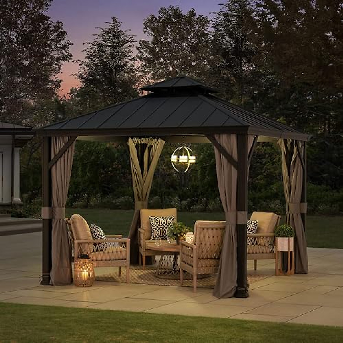 Sunjoy 10 ft. x 10 ft. Hardtop Gazebo, Outdoor Aluminum Frame, 2-Tier Steel Hardtop Backyard Gazebo with Netting, Curtain and Ceiling Hook by SummerCove
