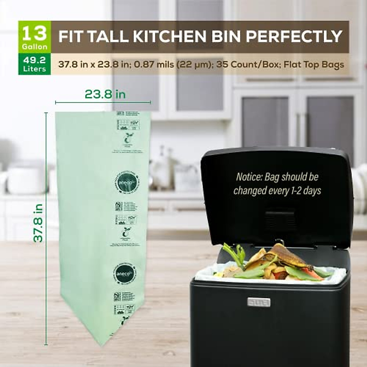 ANECO 100% Compostable Trash Bags 13 Gallon, 35 Count, Extra Thick Kitchen Compost Bags, Large Compostable Bags for Tall Kitchen Bin (Pack of 1)