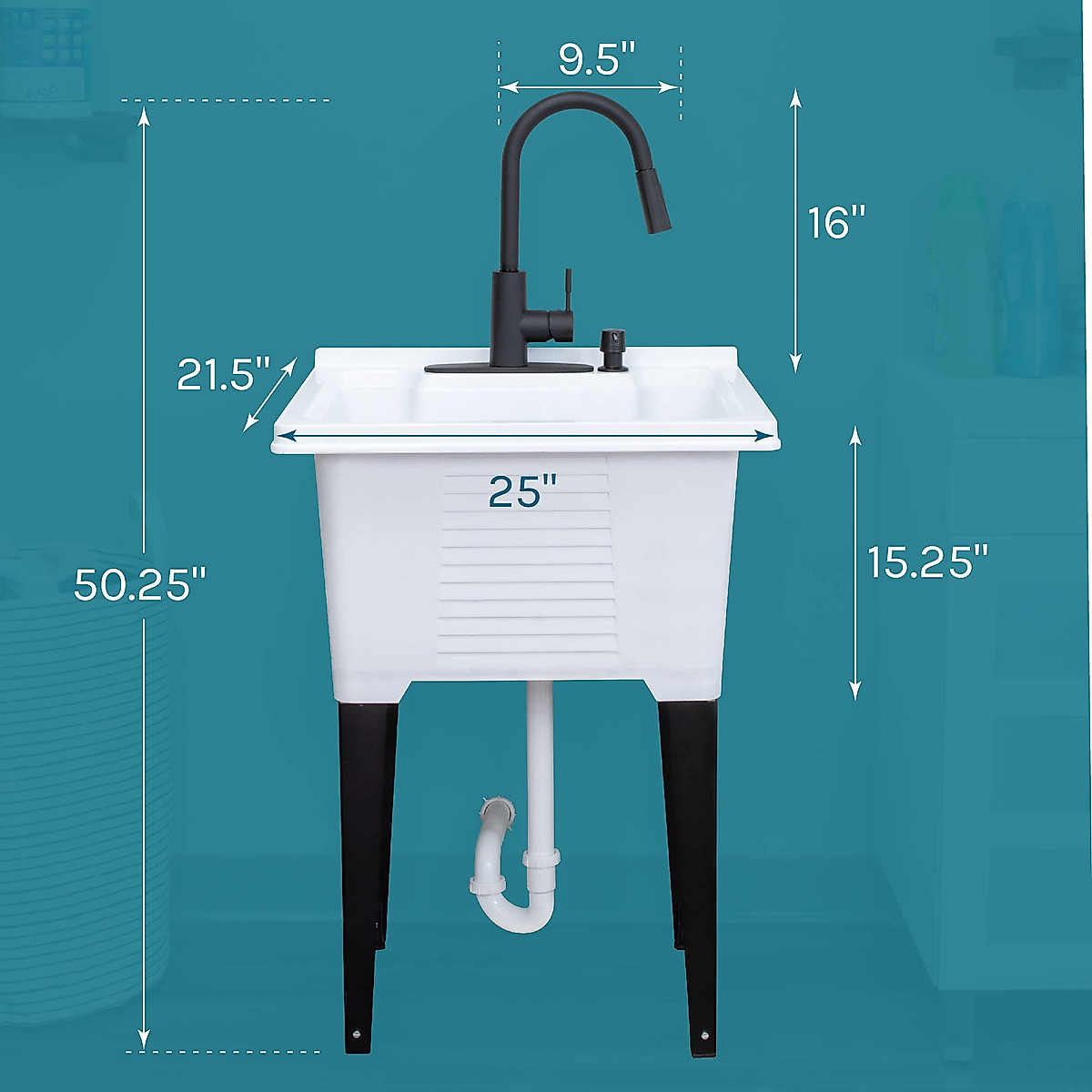 White Utility Sink by JS Jackson Supplies, Tehila Luxe Laundry Tub, Matte Black Hi-Arc Pull-Down Faucet, Soap Dispenser