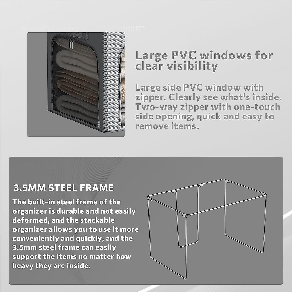 3Pack Clothes Storage Bins - Oxford Frame Storage Box Foldable Stackable Storage Organizer with 3 Openings Design, Metal Frame, Clear Window, Carry Handles (36L-15.7 * 11.8 * 11.8in, Grey)