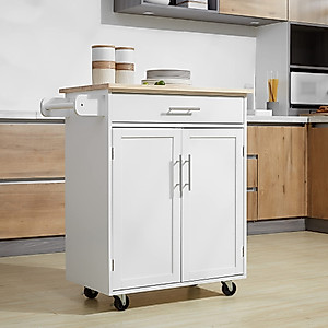 HOMCOM Kitchen Island Cart Rolling Trolley Cart with Drawer, Storage Cabinet & Towel Rack, White