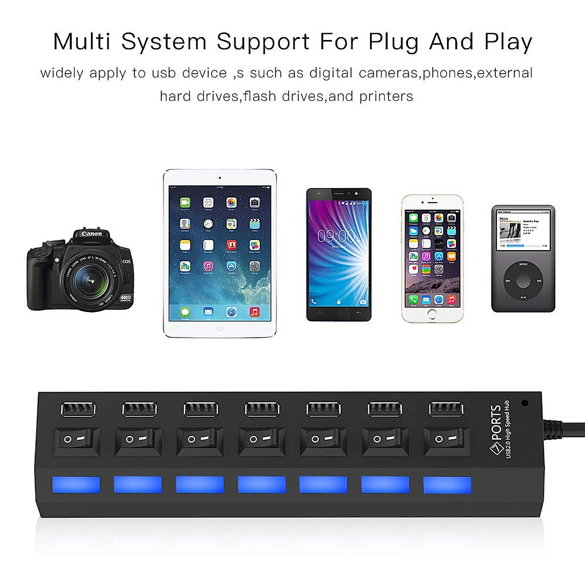 Lysee Data Cables - 7 Ports Micro Hub USB Splitter High Speed USB Hub 2.0 480Mbps On Off Switch USB Splitter Adapter For PC Laptop Computer USB Hub - (Color: White)