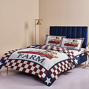 Independence Day Duvet Cover Set Cali King,4 Pieces Farm Home Red Truck Sunflowers USA Flag Bed Sheet Sets Soft Comforter Cover with Flat Sheet 2 Pillow Shams for Man/Woman Checker Plaid